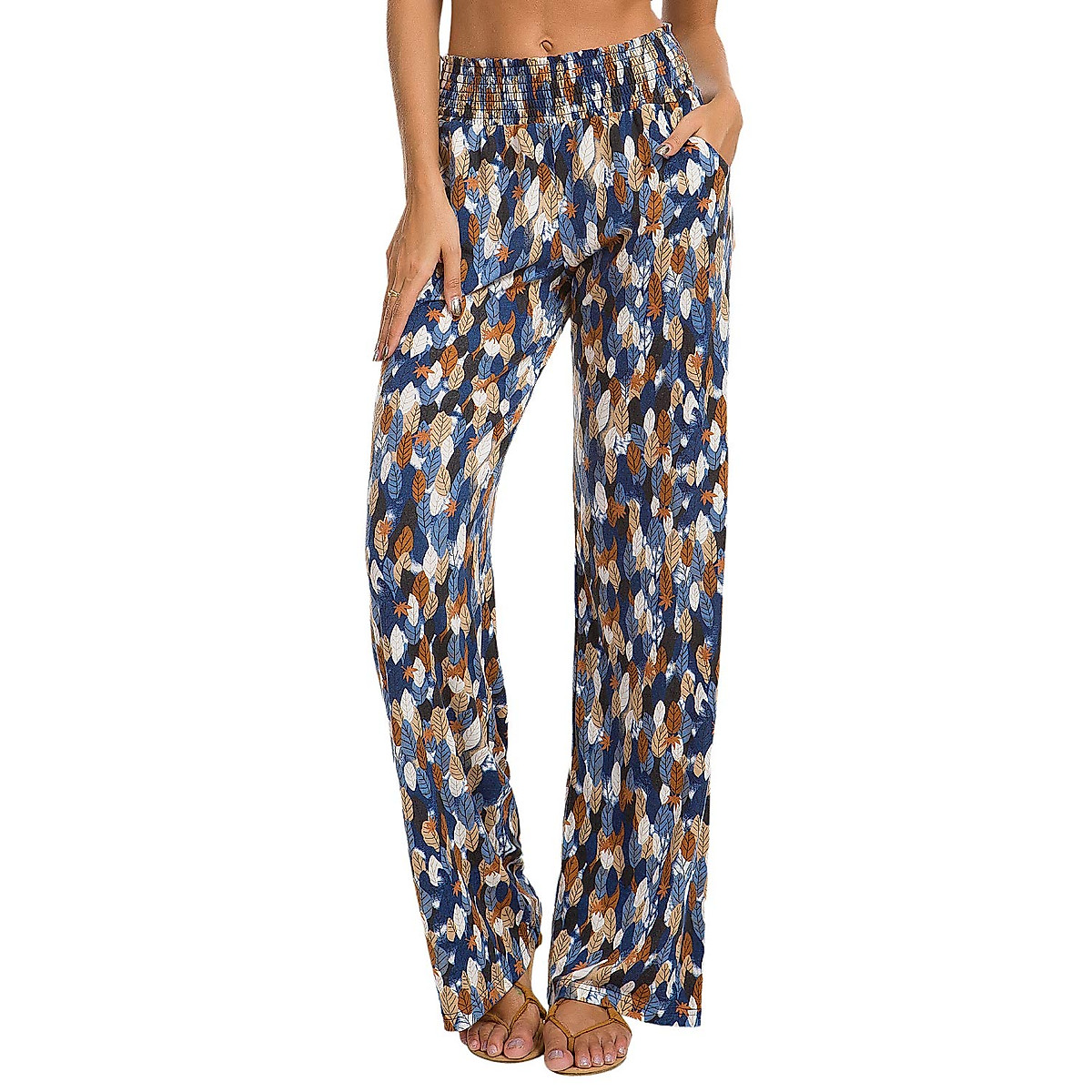 Urban CoCo Women's Boho Palazzo Pants Wide Leg Beach Pants High Waisted Lounge Pants with Pockets(S, 9)