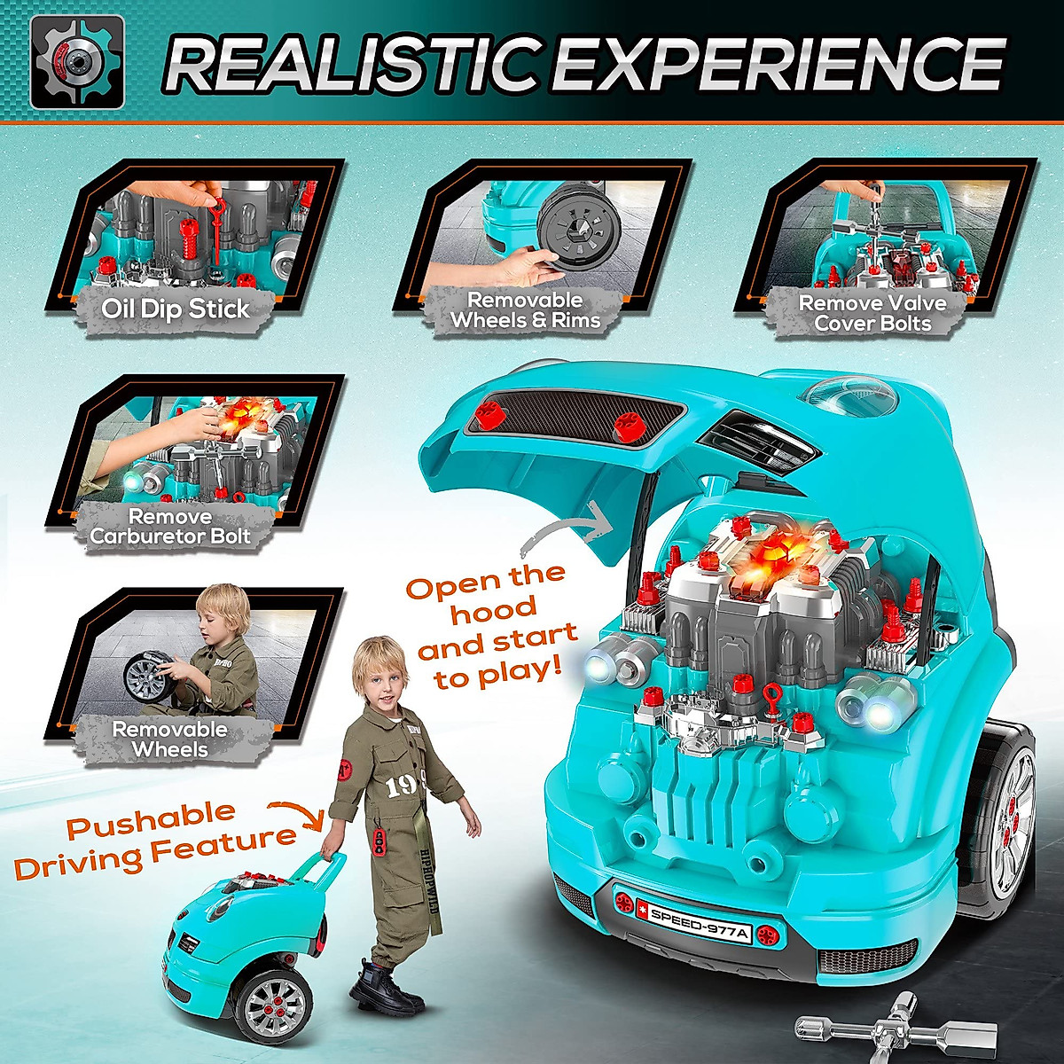 Qaba Kids Truck Engine Toy, Kids Mechanic Car Repair Set, Engine Disassembly Play Workshop, Includes 61 Pieces, Steering Wheel, Horn, Light for 3-5 Years Old, Teal