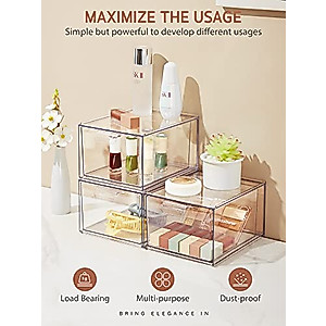 Syntus 3 Piece Set Stackable Makeup Organizer Drawers, 4.4'' Tall Bathroom Storage Drawer, Large Capacity Plastic Cosmetics Storage Box for Vanity, Kitchen Cabinets, Pantry Organization