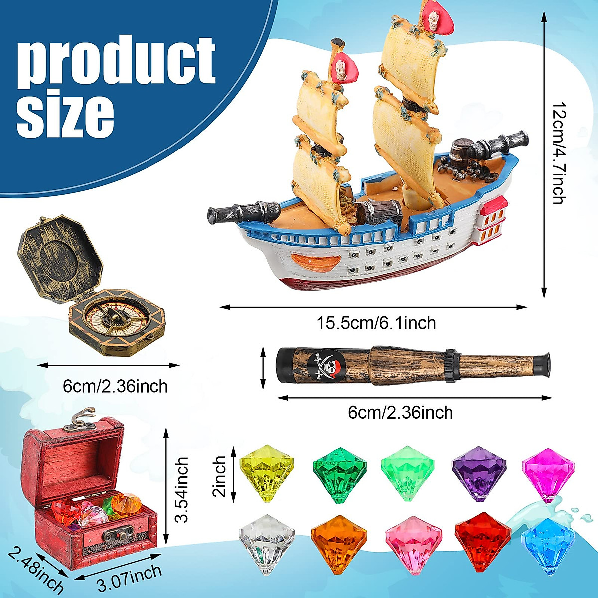 32 Pcs Pirate Ship Cake Topper Nautical Sailboat Model Decoration Set Gold Coins and Pirate Gems Kids Telescope Pirate Treasure Chest Compass Mini Palm Tree for Kids Pirate Birthday Party Supplies