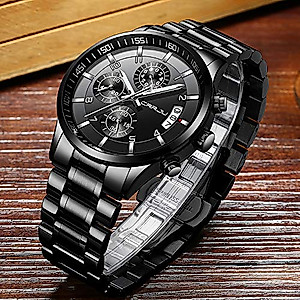 CRRJU Men's Black Watch Fashion Business Chronograph Quartz Wristwatches,Luxury Stainsteel Steel Band Waterproof Watch for Men