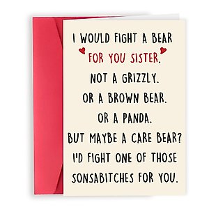 Londue Funny Birthday Card for Sister, Graduation Gifts for Sister from Mom Dad Friend Brother Sibling, Sister Card-I Would Fight A Bear for You Sister