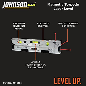 Johnson Level & Tool 40-6184 Magnetic Torpedo Laser Level, Silver & Black, 1 Laser Level
