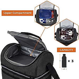 OPUX Lunch Box For Men Women, Insulated Large Double Decker Lunch Bag, Charcoal Gray, 10x7.5x10 Inches