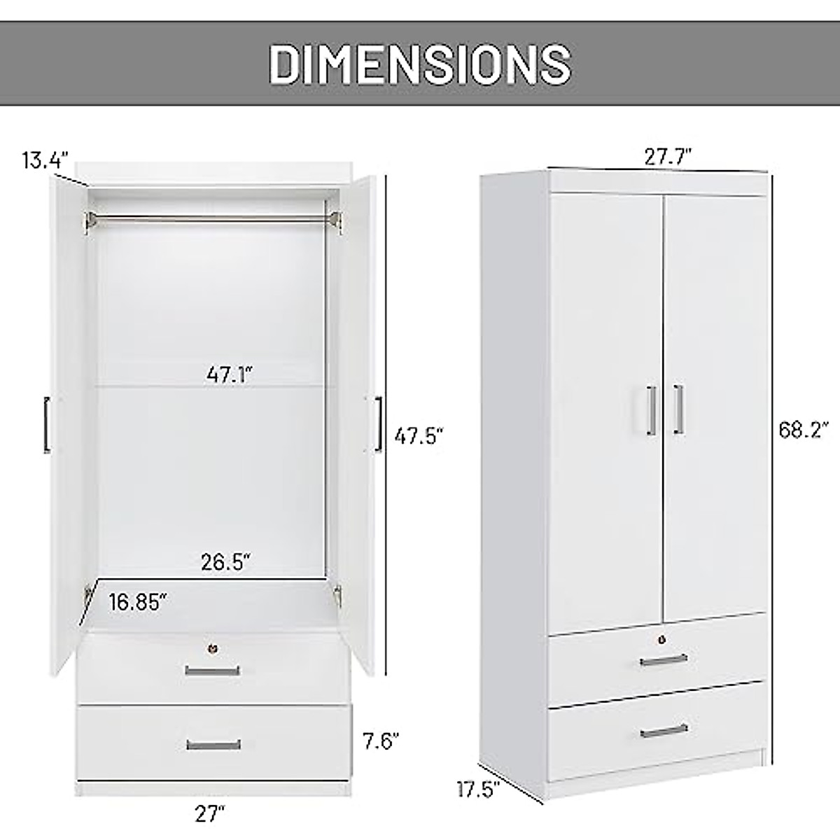 FurnitureR 2 Door Wardrobe, Wooden Armoire with Drawers and Hanging Rod for Bedroom 68.2-Inch Wardrobe Storage Cabinet, White