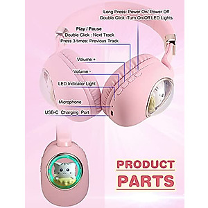 Usoun Kids Wireless Headphones, Bluetooth Over Ear Headphones with Cute Cat Colorful LED Lights,Wireless&Wired,Foldable,Build-in Mic,Bluetooth Headphones for Kids Girls Teens Adults,School (Pink)