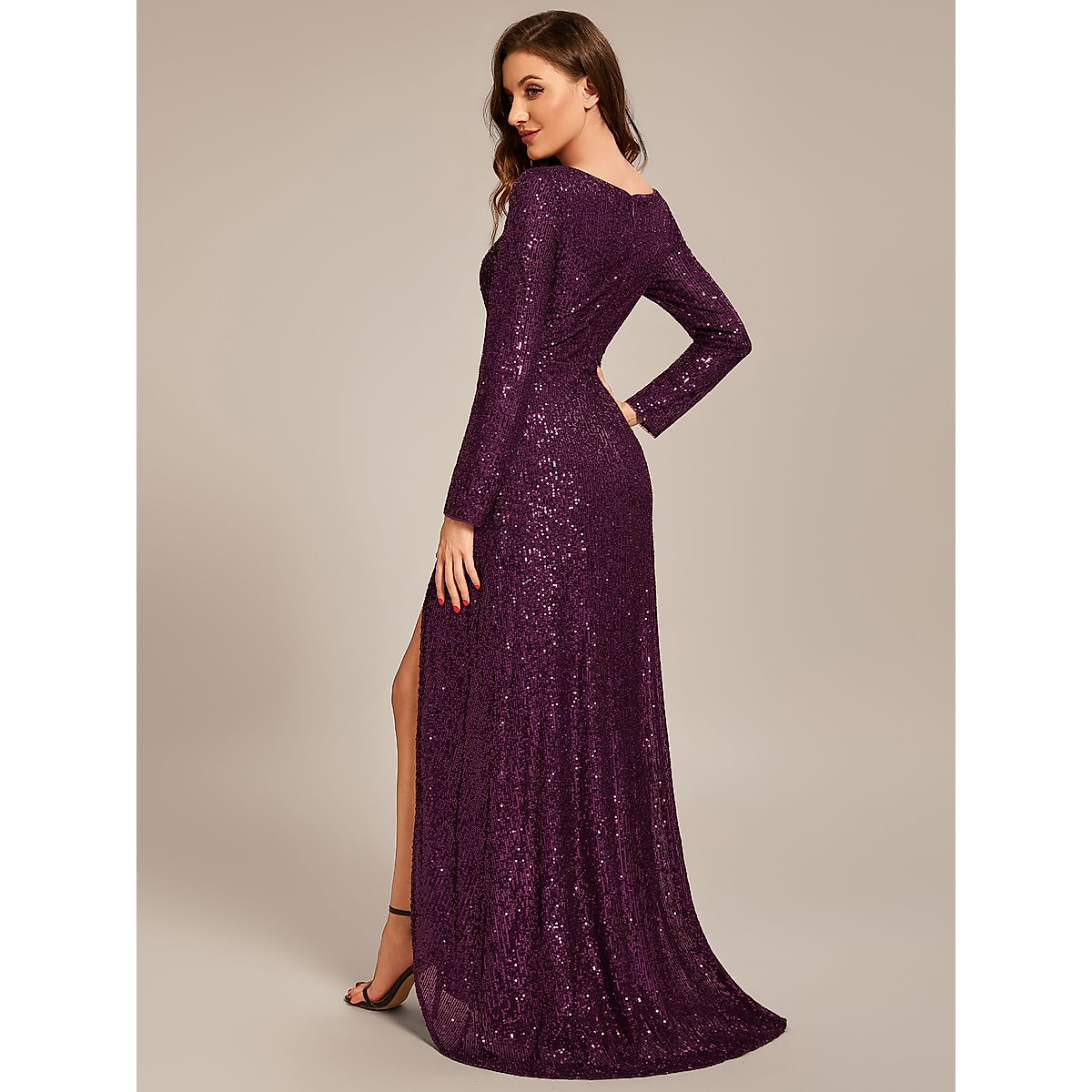 Ever-Pretty Women's Sexy Deep V-Neck Long Sleeves Slit Sequin Cocktail Dresses Dark Purple US10
