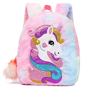 HICCUPfish CBOALOGR Cute Plush Unicorn Toddler Mini Travel Bag Princess Plush Backpack for Girls 3-6 years (Pink Curly Hair Unicorn)
