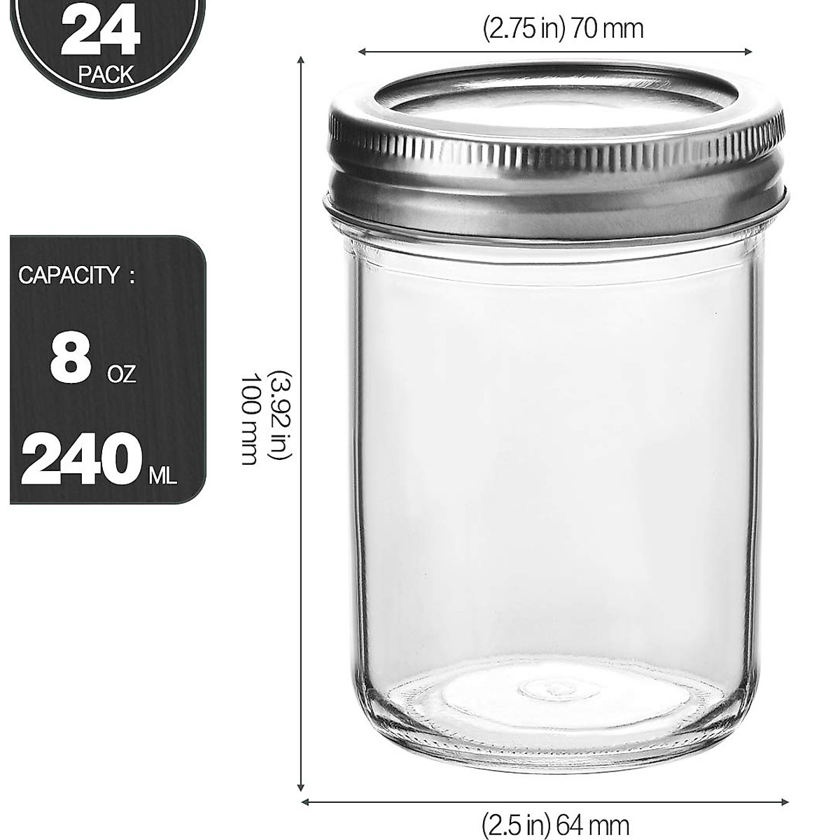 KAMOTA Mason Jars, 8 oz Glass Jars With Regular Lids and Bands, Ideal for Jam, Honey, Wedding Favors, Shower Favors, DIY Spice Jars, 24 PACK, Extra 24 Lids & 30 Whiteboard Labels