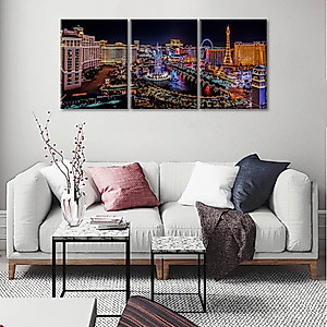 TUMOVO Canvas Painting Las Vegas Nevada Cityscape Wall Art Home Decor for Living Room Prints 3 Pieces Bellagio Casino Night View Poster Pictures Stretched Framed Ready to Hang, 12"x16"x3 Panels