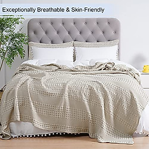 PHF 100% Cotton Waffle Weave Blanket King Size - Washed Soft Lightweight Blanket for All Season - Breathable and Skin-Friendly Blanket for Couch Bed Sofa 108"x90" - Light Khaki/Linen
