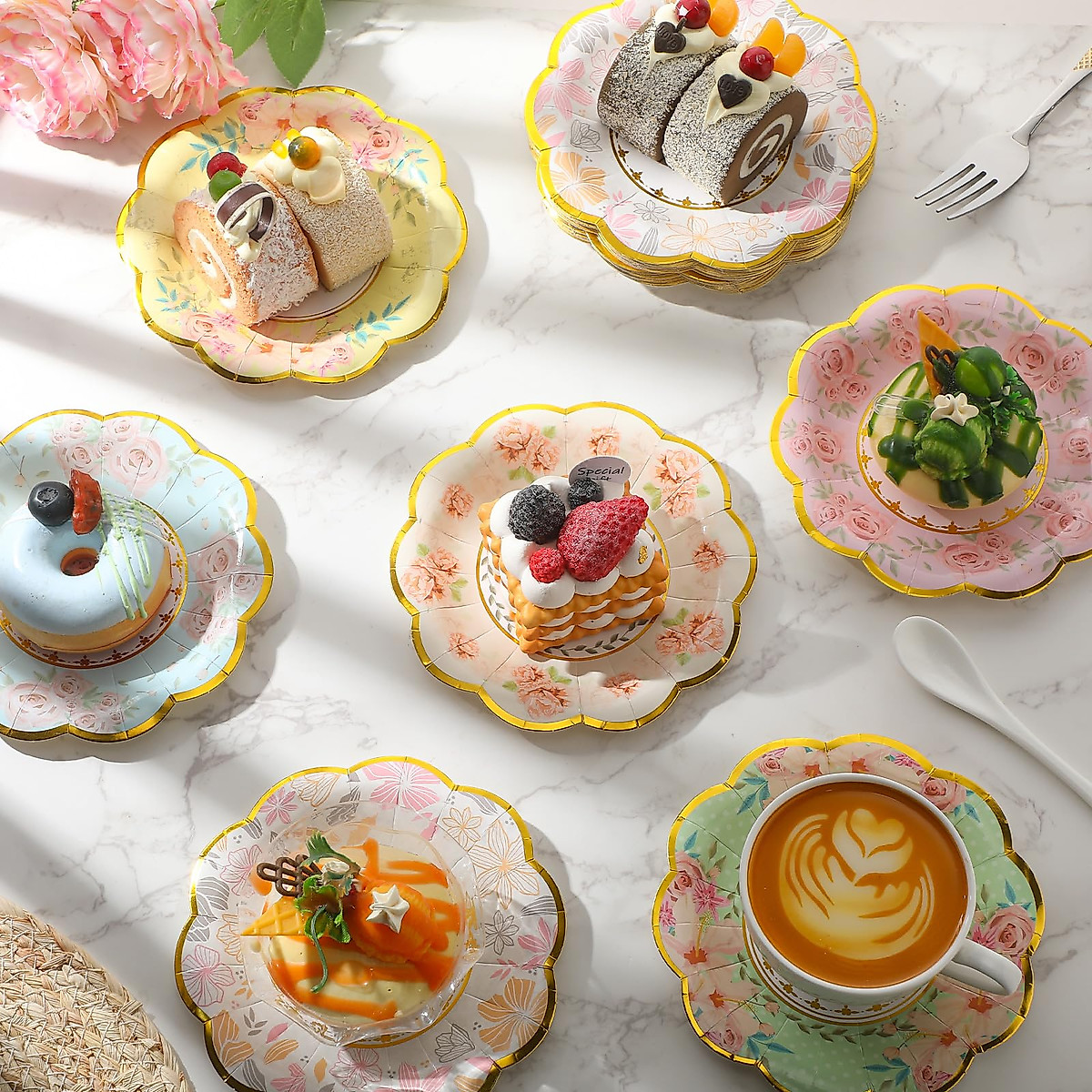 Maxcheck 72 Pcs Floral Paper Plates Flower Plates with Gold Rim Disposable Plates for Tea Party Decorations Birthday Baby Shower Wedding Bridal Supplies (6 Inch)
