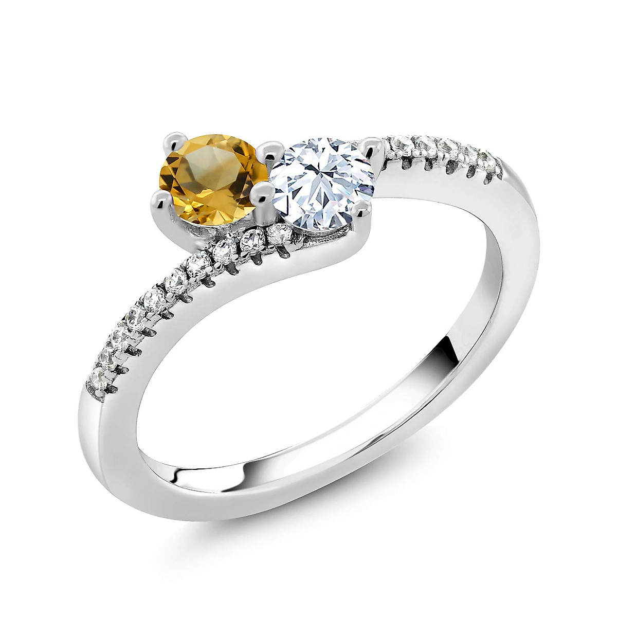Gem Stone King 925 Sterling Silver Yellow Citrine Bypass Ring For Women (0.50 Cttw, Gemstone November Birthstone, Round 4MM, Available In Size 5, 6, 7, 8, 9)