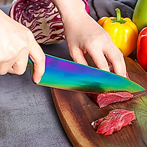 WELLSTAR Kitchen Knife Set 3 Piece, Razor Sharp German Stainless Steel Blade and Comfortable Handle with Rainbow Titanium Coated, Chef Santoku Paring for Cutting Dicing Mincing and Peeling, Gift Box