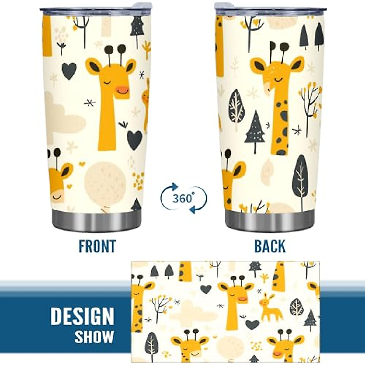 QWEUIOP 20oz Insulated Travel Coffee Mug Cartoon Giraffe And Tree Stainless Steel Tumbler with Lid Double Wall Vacuum Coffee Cup For Hot and Cold Drinks14167