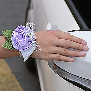 6piece Wrist Corsages Flower with Pearl Beads Diamond Satin Rose Elastic Band Wrist Bracelet Flowers Wedding Party Item (Lilac)