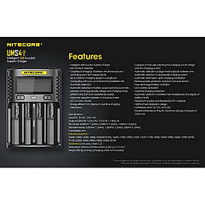 Nitecore UMS4 Intelligent USB Four Slot Quick Battery Charger for Li-Ion/Ni-MH/Ni-Cd/IMR 16340 14500 18650 21700 20700 AA AAA and More Batteries, with LumenTac Battery Organizer
