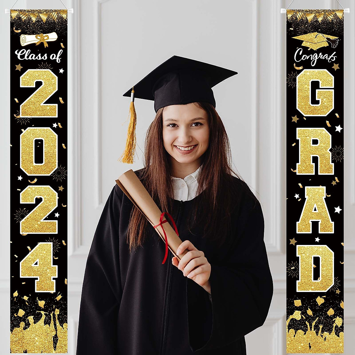 2024 Graduation Party Decorations - Green Gold Class of 2024 Congrats Grad Porch Sign Banner Hanging Flag Graduation Party Supplies for School College Classroom Decor