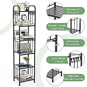 6 Tier Narrow Metal Bathroom Towel Storage Shelving Unit with 10Pcs S Hooks, Freestanding Corner Rack Shelves for Small Spaces, Practical Shelf Bookshelf for Bedroom Pantry Laundry Kitchen (Black)…