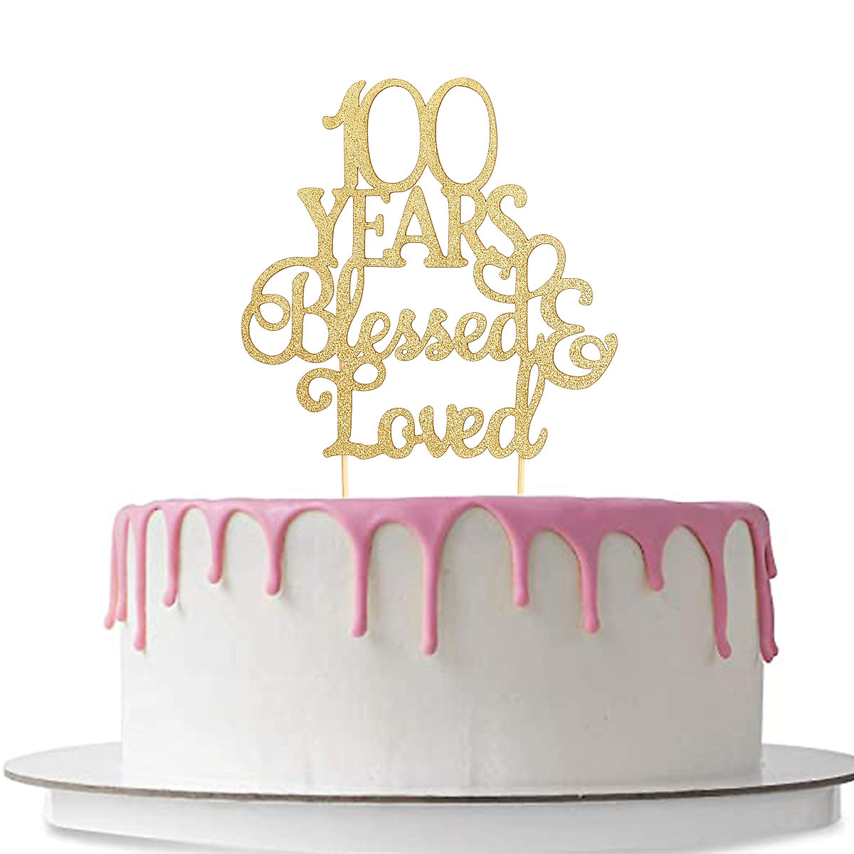 100 years blessed loved Cake Topper - Gold Glitter Love Party Theme Decoration - Ideal Background Celebration Photo Props Gift - Hello 100, Cheers to 100 Years (100 years blessed loved)