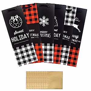 Lulu Home Christmas Bottle Gift Bags, Set of 12 Buffalo Plaid Wrapping Bags with Golden Tissue Paper, Xmas Bottle Gift Bags with Ribbon Handles, 13.9" x 4.7" x 3.9"