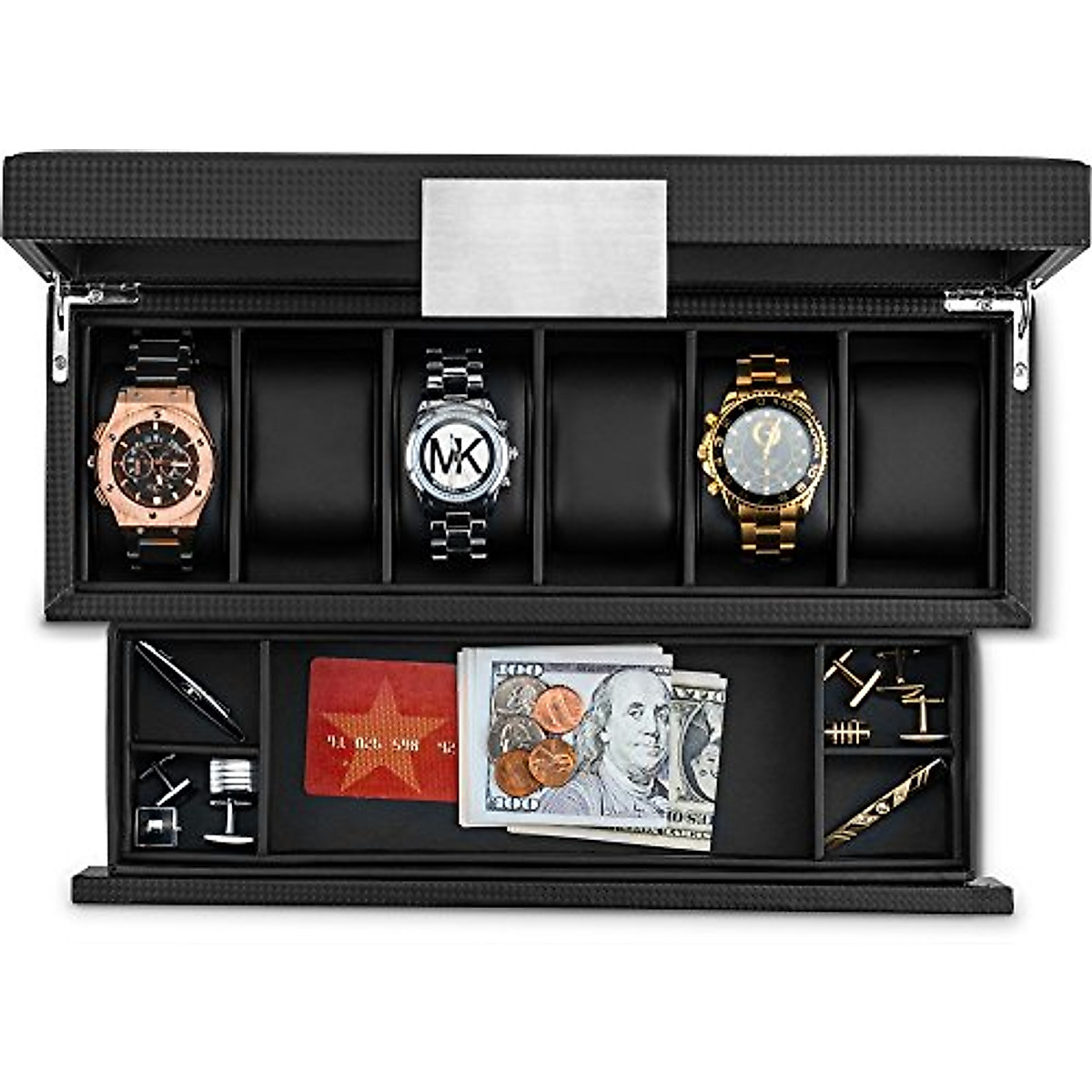 Glenor Co Watch Box with Valet Drawer for Men - 6 Slot Luxury Watch Case Display Organizer, Carbon Fiber Design -Metal Buckle for Mens Jewelry Watches, Men's Storage Holder Boxes has a Large Glass Top