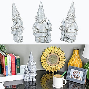 NAT & Jules Gnome and Dog Aged Cement Hue 12 inch Resin Stone Garden Statue