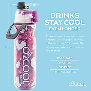 O2COOL Mist 'N Sip Misting Water Bottle 2-in-1 Mist And Sip Function With No Leak Pull Top Spout (Hearts)