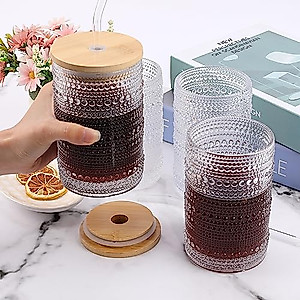 Vintage Drinking Glasses Set of 4 with Bamboo Lids and Straws, 16 oz Textured Clear Striped Ribbed Glassware Set Old Fashion Beaded Glass Cups Embossed Iced Coffee Cup for Beer, Cocktail, Beverage