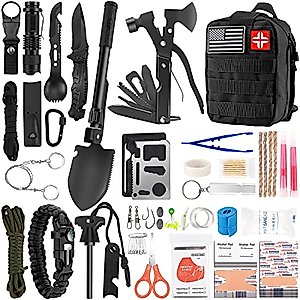 Survival Kit and First Aid Kit, 142Pcs Professional Survival Gear and Equipment with Molle Pouch, for Men Dad Husband Who Likes Camping Outdoor Adventure (Black)