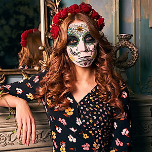 Day of the Dead Face Tattoos, 10 Pack Día de Los Muertos Temporary Face Sticker Kit, Halloween Decorations Sugar Skull Costume Makeup Decor, Glitter Red Roses Skeleton Full Face Mask Tattoos Temporary