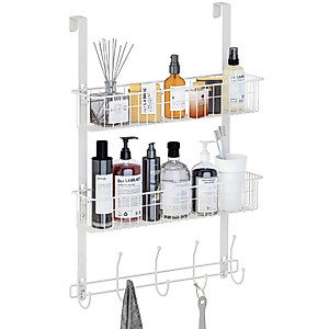 LUCYCAZ Over The Door Hooks Organizer, Door Hanger Towel Rack with 10 Coat Hooks & 2 Mesh Basket Over The Door Shelf, Back of Door Storage Organizer for Barthroom Kitchen Hanging Towel Clothes (White)