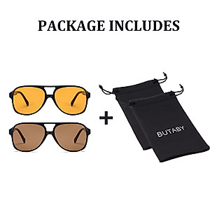 BUTABY Vintage Aviator Sunglasses for Women Men Retro 70s Glasses Classic Large Squared Frame UV400 Protection Black Yellow & Black Brown