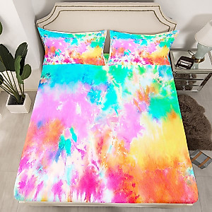 Colorful Tie Dyed Fitted Sheet Kids Tie Dye Bedding Sheet Set Orange Yellow Pink Blue Psychedelic Spiral Swirl Batik Boho Hippie Bed Cover Girls Teens Room Decor with 1 Pillow Sham(Rainbow,Twin)