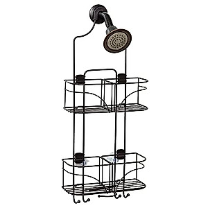 Zenna Home Hanging Shower Caddy, Over the Shower Head Bathroom Storage, Made for Handheld Shower Hoses, Rust Resistant, No Drilling, Expandable Organizer with 4 Baskets, Razor Holders, Hooks, Bronze