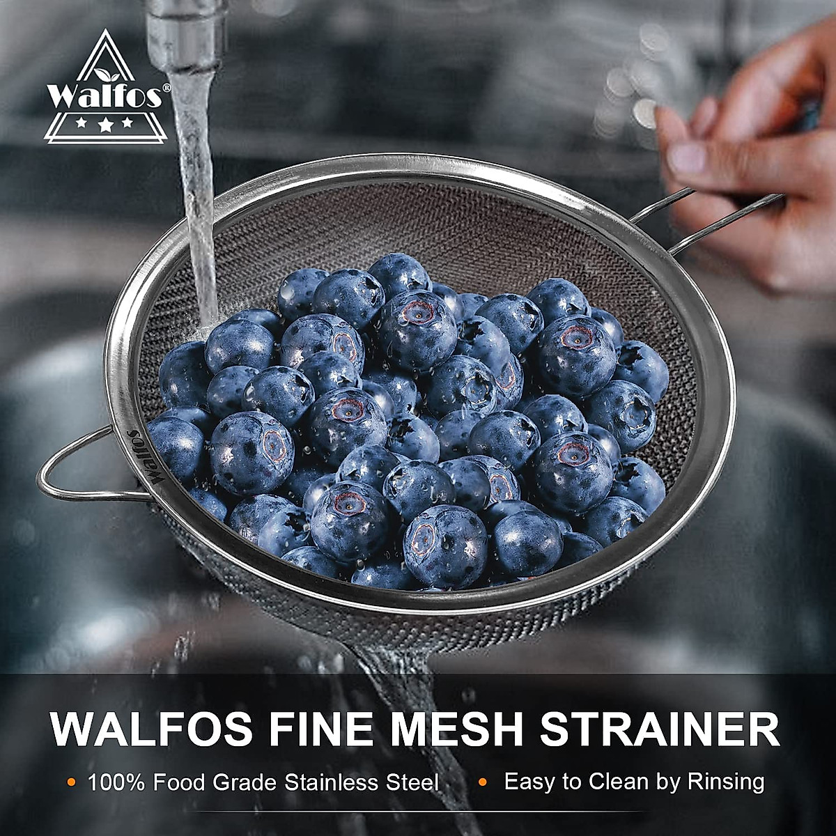 Walfos Fine Mesh Strainer 4PCS, Versatile Kitchen Strainer with Handle - 7", 5", 3.3", 2.8" Sieve Fine Mesh Stainless Steel, Metal Strainers and Sifters for Rice, Quinoa, Tea, Cocktail, Pasta, Juice