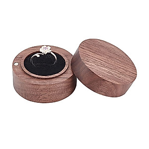 FINGERINSPIRE Walnut Wooden Engagement Ring Box 2.1x1.4inch Black Velvet Lining Round Magnetic Buckle Design Jewelry Ring Box Wood Ring Box for Proposal Wedding Ring Storage（Come with a Velvet Bag）