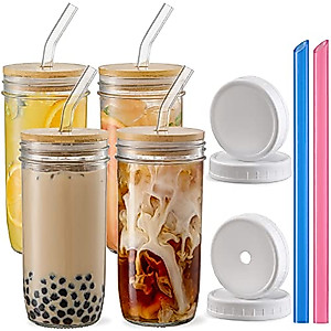 4 Pack Glass Cups Set - 24oz Mason Jar with Bamboo Lids and Glass Straw & 2 Airtight Lids - Cute Boba Drinking Glasses, Reusable Travel Tumbler Bottle for Iced Coffee, Smoothie, Bubble Tea, gift