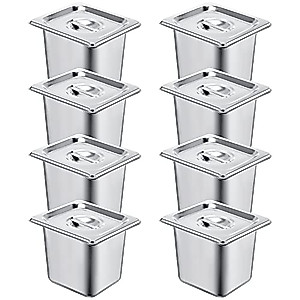 8 Pack Stainless Steam Hotel Pan 6 Deep Steam Table Pan with Lid 0.8 mm Thick Stainless Steel Steam Pan Restaurant Anti Clogging Steamer for Party, Restaurant, Hotel (1/6 Size)