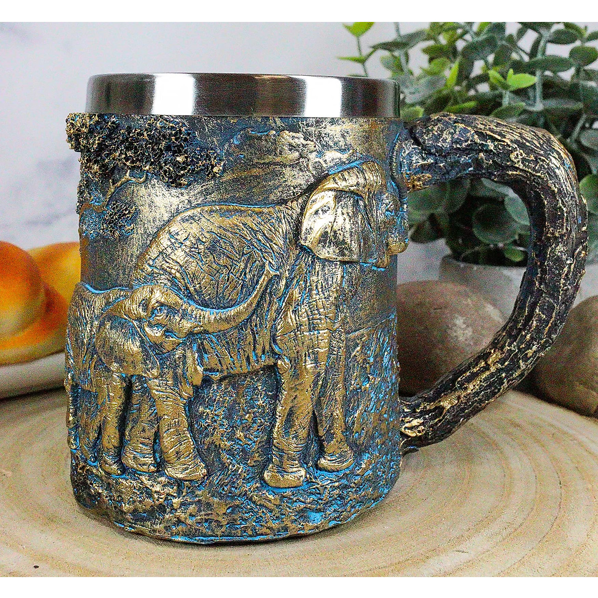 Ebros Animal Totem Spirit Safari Elephant And Calf Family Mug Textured With Rustic Textured Tree Bark Design In Painted Bronze Finish 12oz Drink Beer Stein Tankard Coffee Cup (Elephant Family)