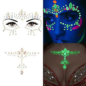 2 Pack Halloween Glow in the Dark Face Jewels Crystal Glitter Stickers, Luminous Tattoo Face Day Of The Dead Face Gems Jewels Tattoos