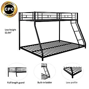 Majnesvon Metal Floor Bunk Bed, Twin Over Full Low Bunk Bed, Heavy Duty Frame with Sloping Ladder and Safety Guardrails for Teens Adults, No Box Spring Needed,Easy Assembly (Black)