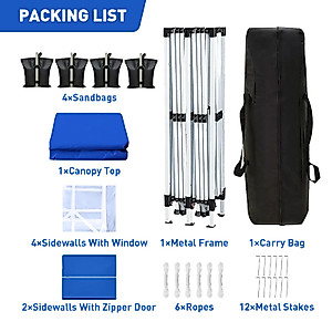 10'x20' Pop Up Canopy Tent with Sidewalls, Outdoor Heavy Duty Party Tent with 4 Sandbags and Carrying Bag, Large Ez Up Tents for Parties, Event, Waterproof (Blue)