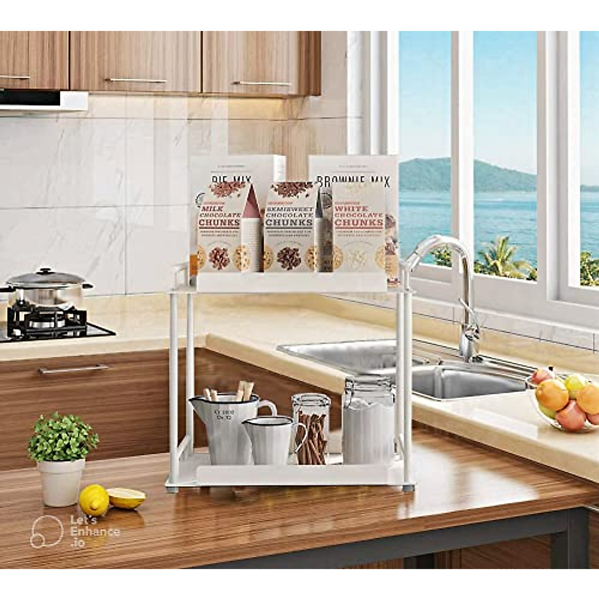 AWTS Bathroom Counter Organizer, 2 Tier Stainless Steel Bathroom Countertop Organizer, Kitchen Organizer, Cosmetic Organizer, Vanity Bathroom Organizer, Storage Shelf, Living Room,Dressing Table,White