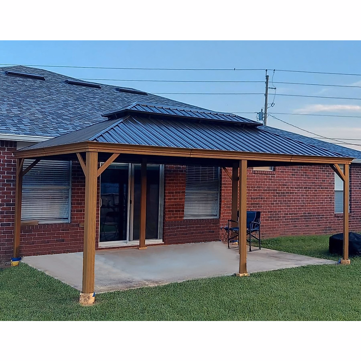 Domi 14' X 20' Hardtop Gazebo Large Outdoor Metal Gazebo with Galvanized Steel Double Roof Canopy, Wood Grain Aluminum Frame, Curtains and Netting for Patio, Deck, Garden