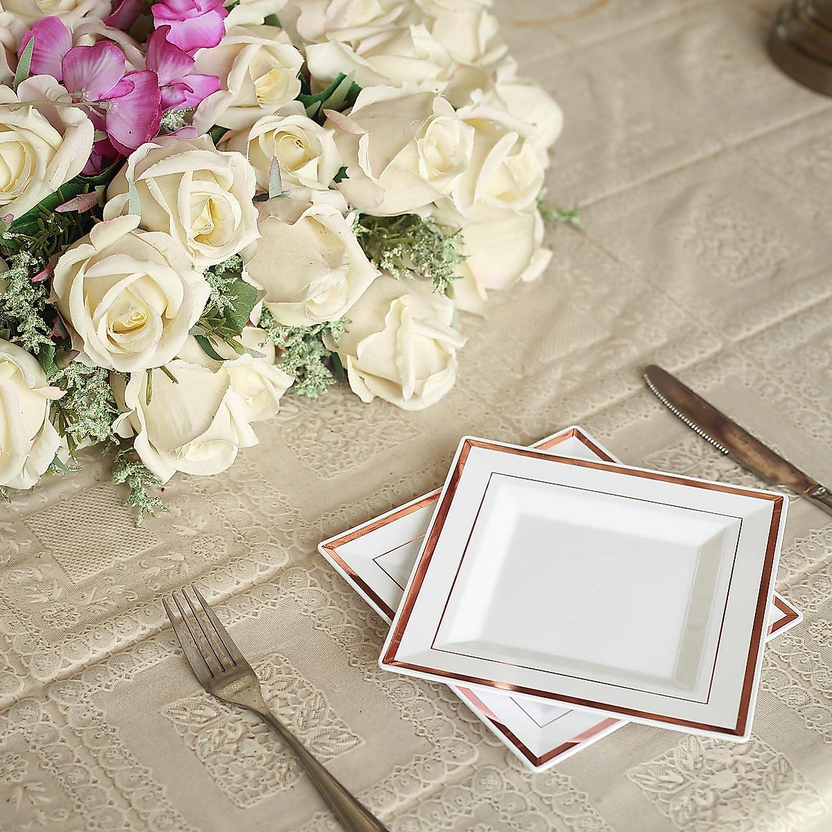 Tableclothsfactory 20 Pack 7" White Disposable Plates Square Plastic Plates Salad Dessert Plates With Shiny Rose Gold Rim For Weddings