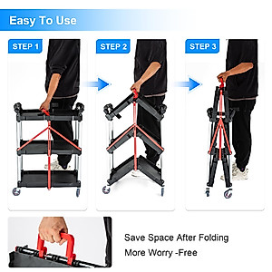 LoJok 3-Tier Collapsible Cart with Wheels, Multifunction Folding Utility Cart, 240LBS Load Capacity, for Garage, Office, Storehouse, Kitchen