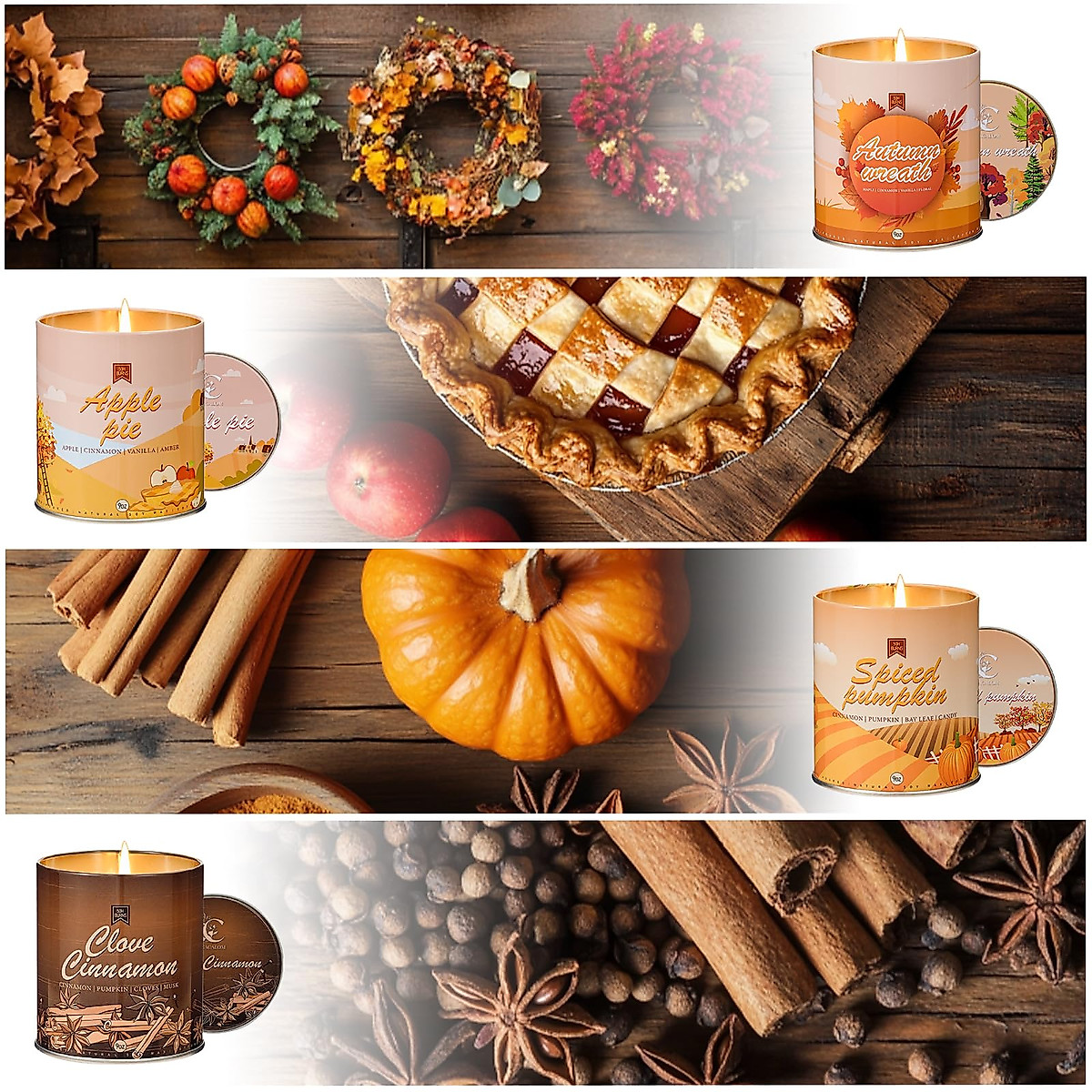 Fall Candle Set, Fall Scented Candles for Home, 4 Pack Autumn Candle Soy Wax Candles for Home Scent, Fall Gifts for Women Men, Fall Fragrance of Pumpkin/Autumn Wreath/Apple Pie/Clove Cinnamon