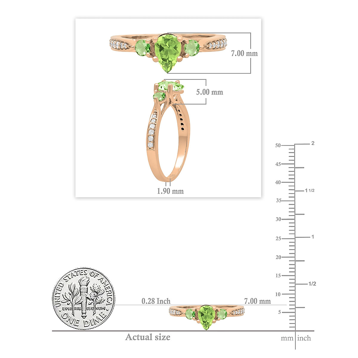 Dazzlingrock Collection 7x5mm Pear & Round Peridot with White Diamond 3 Stone Engagement Ring for Women in 10K Rose Gold, Size 7.5