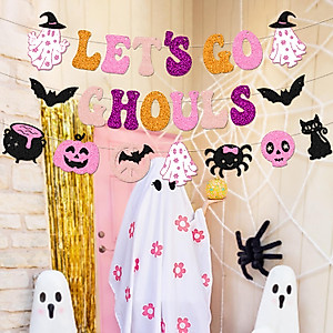 Let’s Go Ghouls Banner Hippie Halloween Party Decorations Retro Groovy Halloween Garland Ghost Bats Pumpkin Skull Cats Spider Witches Theme Halloween Bachelorette Party Supplies